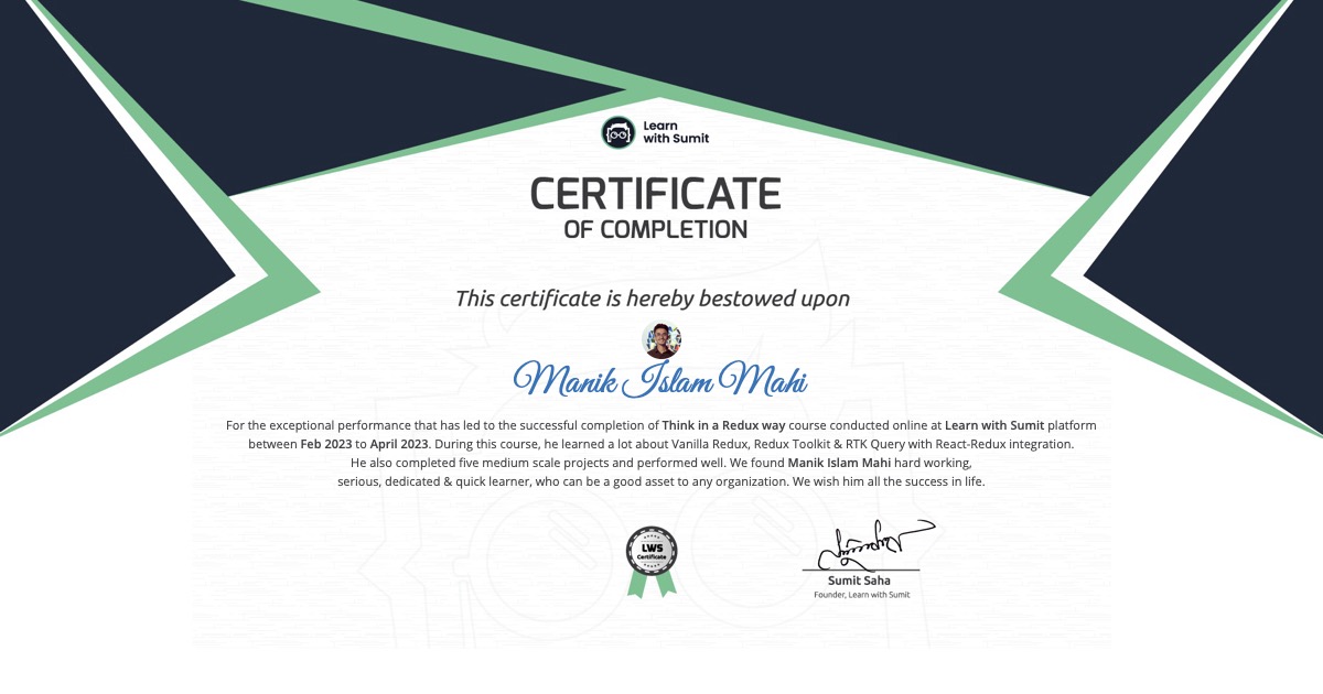 Manik Islam Mahi's Performance Report - "Think in a Redux way" course by LWS
