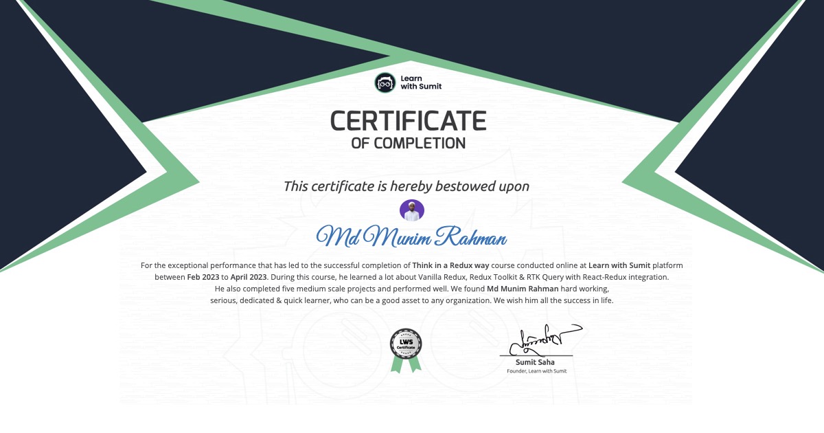 MD Munim Rahman's Performance Report - "Think in a Redux way" course by LWS
