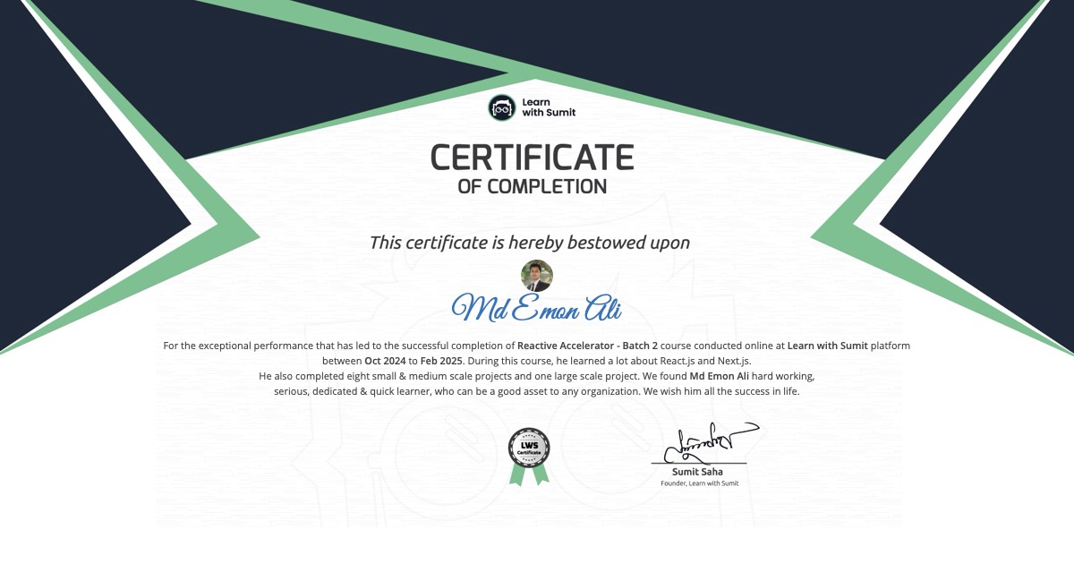MD EMON ALI's Performance Report - "Reactive Accelerator - Batch 2" course by LWS