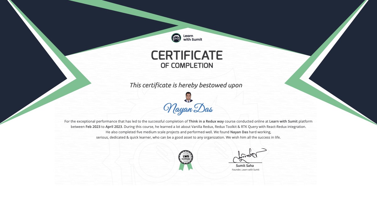 Nayan Das's Performance Report - "Think in a Redux way" course by LWS